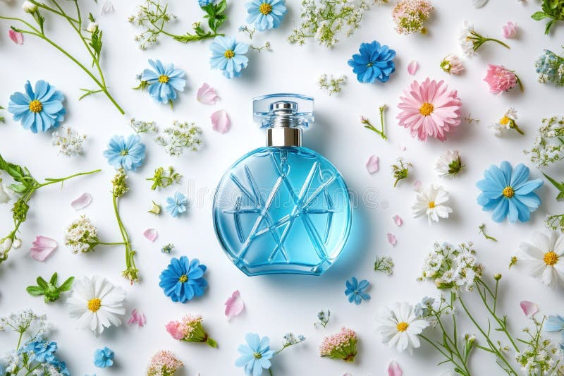 A Decorative Bottle of Blue Perfume Surrounded by Various Flowers Stock ...
