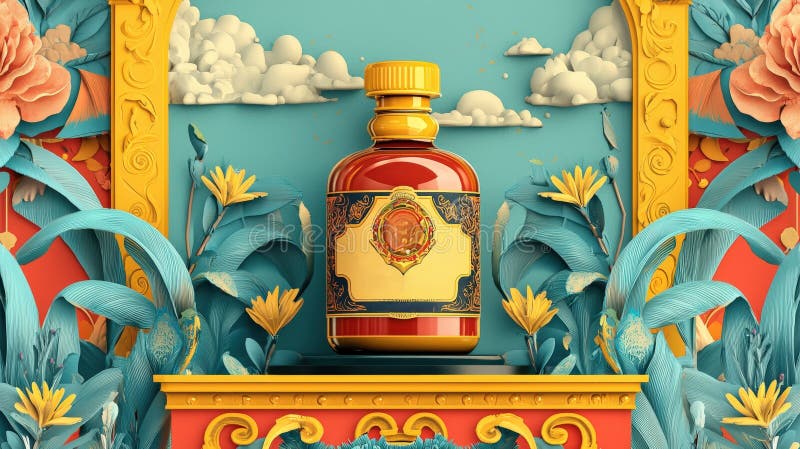 Decorative Bottle with Vibrant Floral Backdrop Stock Illustration ...