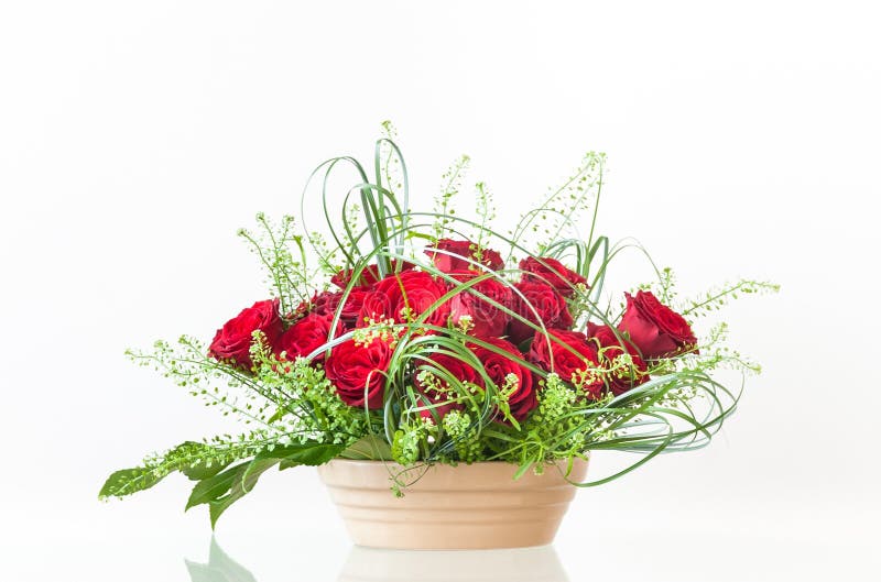 Decorative Bouquet of Red Roses in a Ceramic Container Stock Image ...