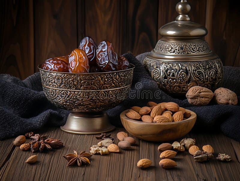 Decorative Bowl of Dates and Nuts on Rustic Wooden Table Stock Photo ...
