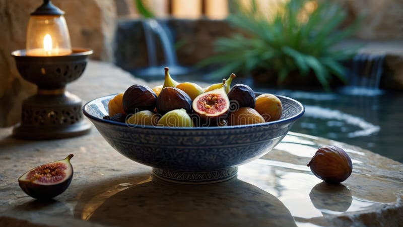 Aromatic Figs in a Blue Bowl by a Tranquil Waterfall Stock Illustration ...