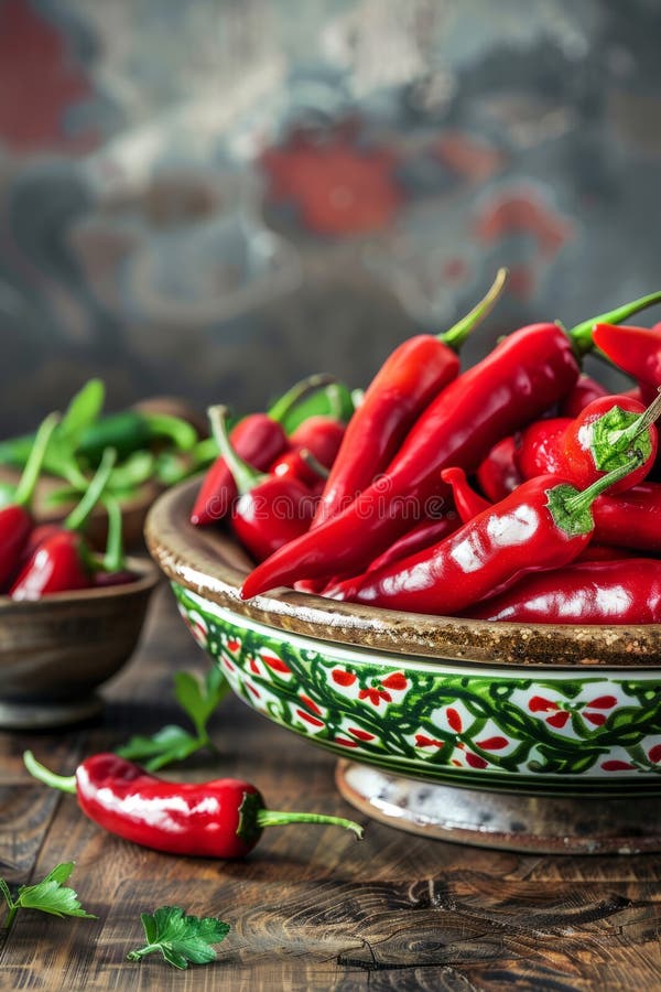 A Decorative Bowl Filled with Glossy, Vibrant Red Chili Peppers, on a ...