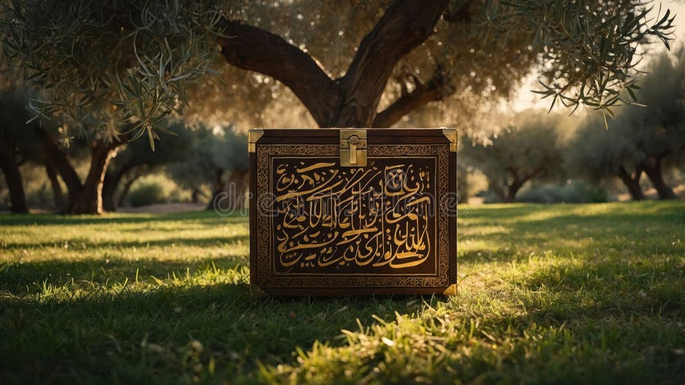 Ornate Wooden Box with Arabic Calligraphy in Olive Grove Stock ...