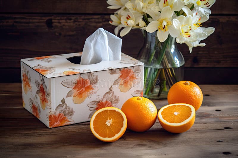 Decorative Box of Tissues and Fresh Oranges on a Rustic Table Stock ...