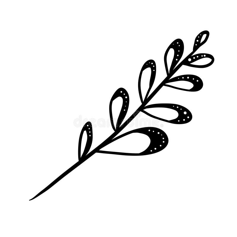 Decorative Branch With Round Leaves And Dots Illustration Simple Digital Style Stock