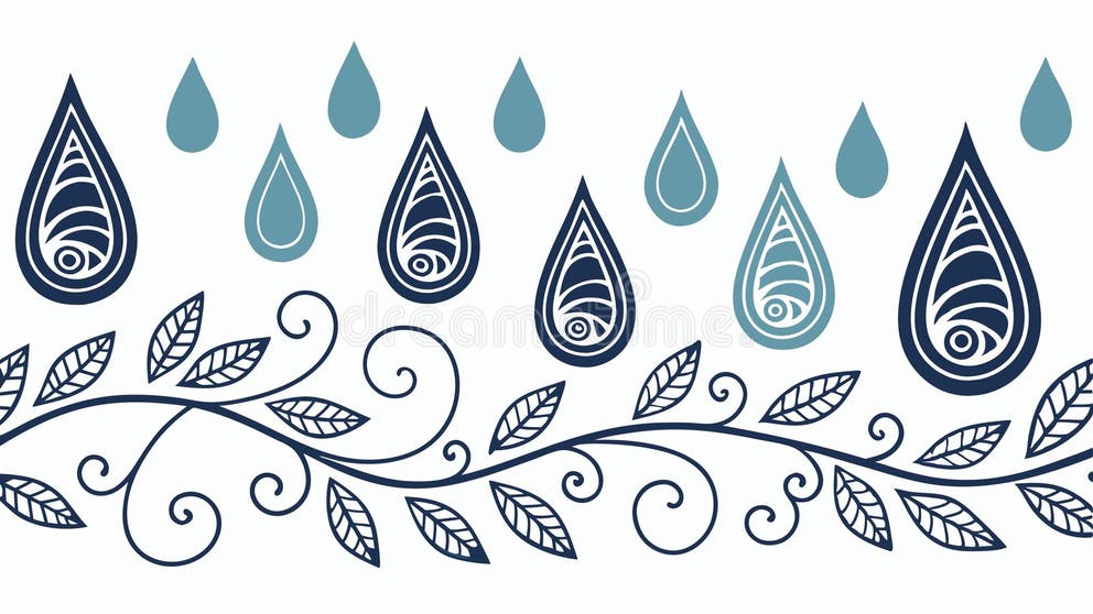 Decorative Branch with Stylized Blue Raindrop Pattern, Vector Design ...
