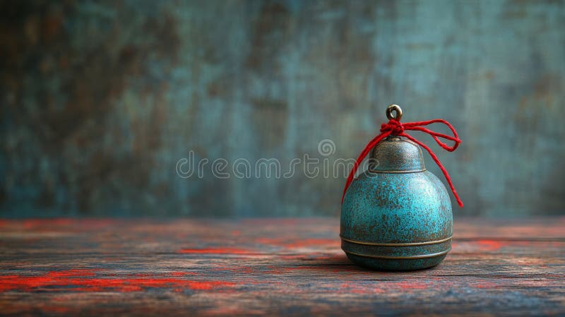 Decorative Brass Bell with Orange String Resting on a Textured Fabric ...