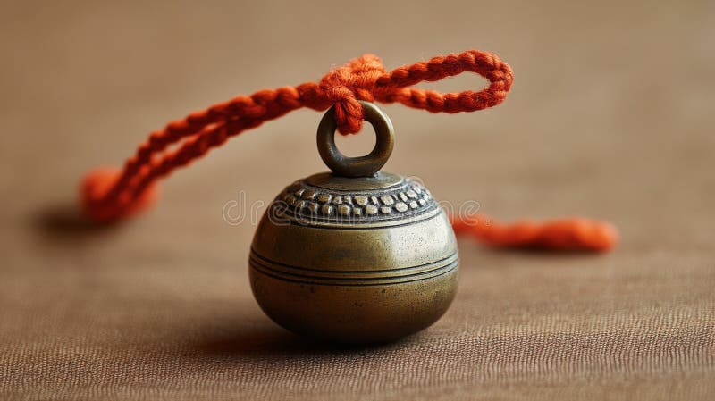 Decorative Brass Bell with Orange String Resting on a Textured Fabric ...
