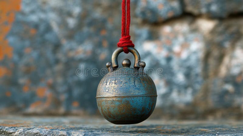 Decorative Brass Bell with Orange String Resting on a Textured Fabric ...