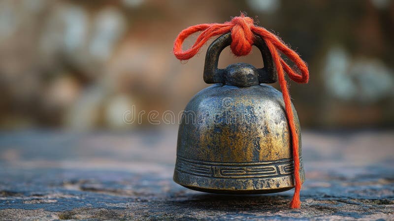 Decorative Brass Bell with Orange String Resting on a Textured Fabric ...