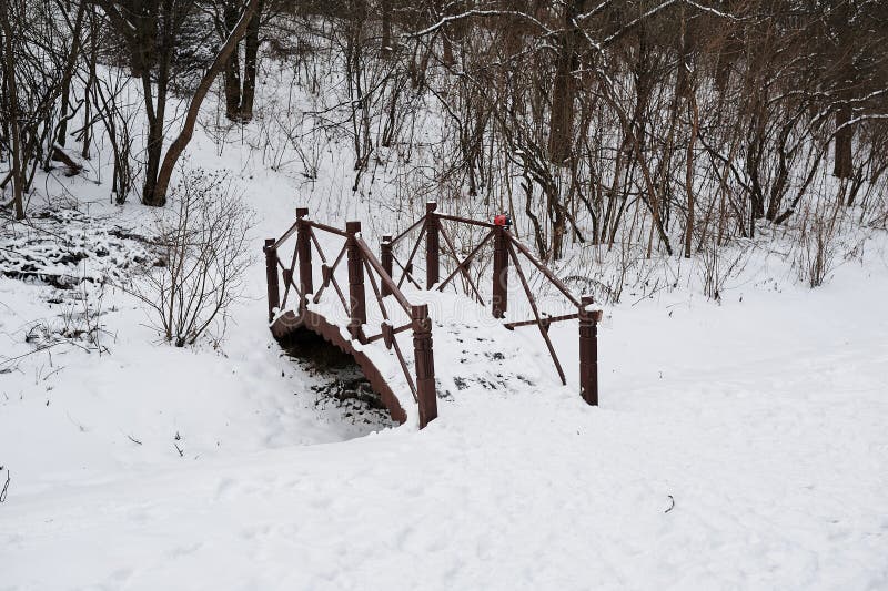 Decorative Bridge in the Snow in the Forest Stock Image - Image of ...