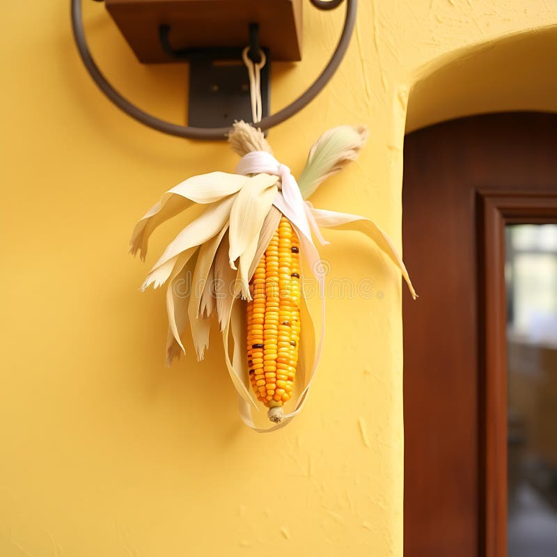 A Decorative Bundle of Indian Corn Hanging on a Wall on a Pastel Yellow ...