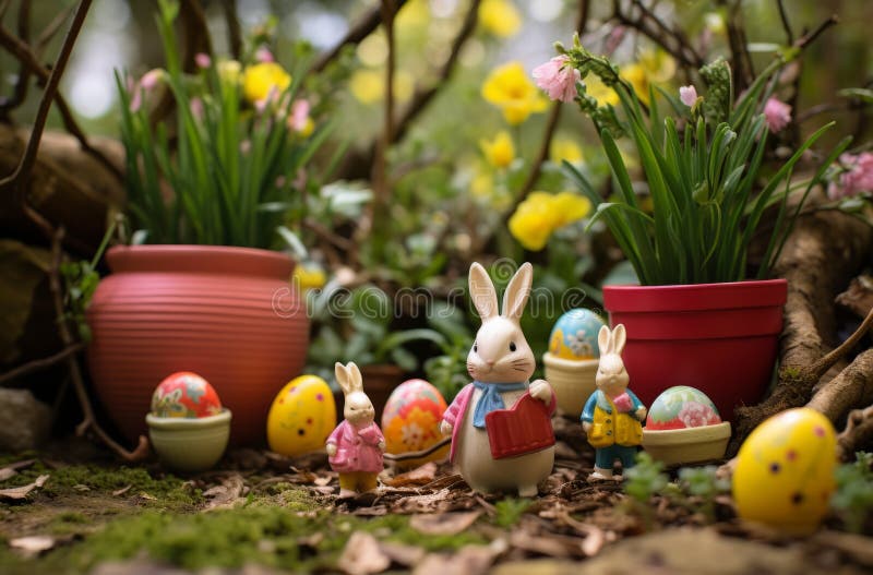 Bunny Figurines Amidst Spring Flowers Stock Photo - Image of colorful ...