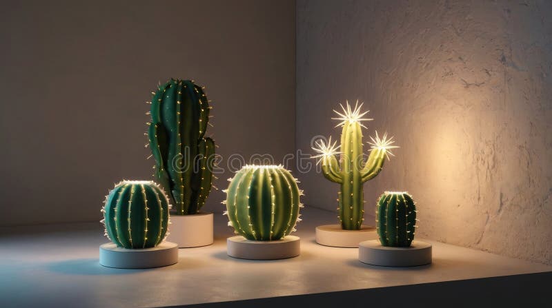 Decorative Cactus-shaped Lamps with Glowing Lights Stock Illustration ...
