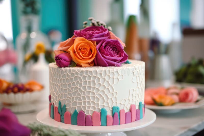 Decorative Cake with Pop of Color and Roses in the Background Stock ...