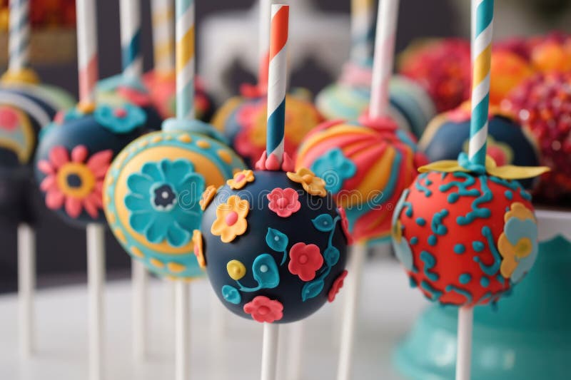 Decorative Cake Pops in Whimsical Style with Bright Colors and Bold ...