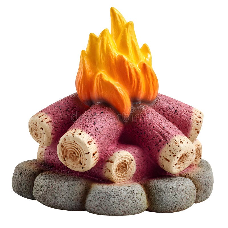 A Decorative Campfire Model with Pink Logs and Yellow Flames on a White ...