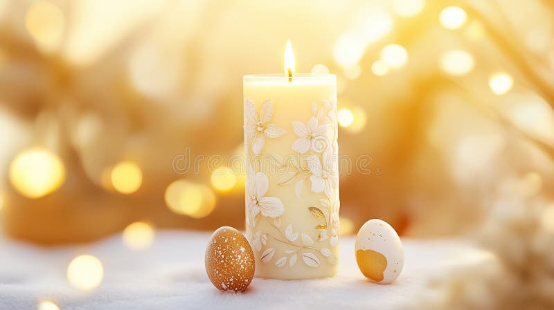 A Decorative Candle with Spring Flowers Glows Warmly beside Two Ornate ...