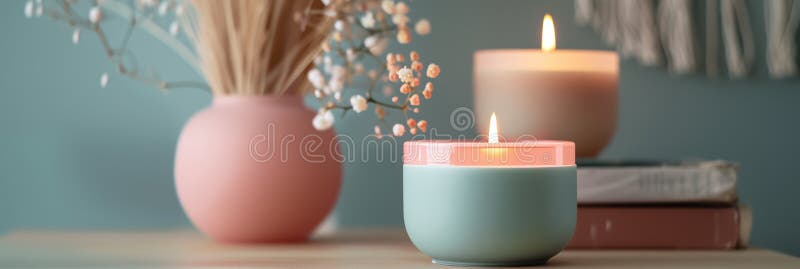 Decorative Candles and Dried Flowers on Table with Soft Focus Banner ...
