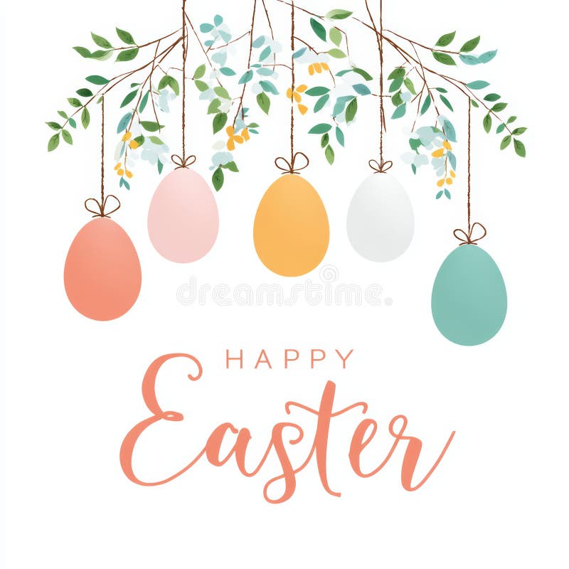 A Decorative Card Featuring Colorful Eggs Suspended from Tree Branches ...