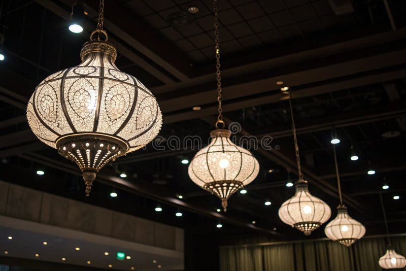 Decorative Ceiling Lights on Dark Background with Copy Space Stock ...