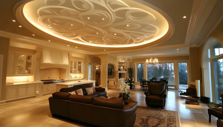 Decorative Ceiling with Raised Leaf Pattern and Recessed Lighting ...