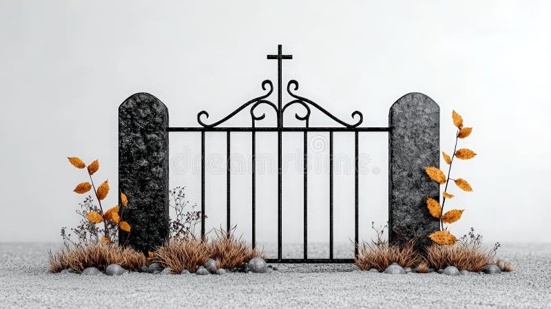 A Decorative Cemetery Gate with Autumn Leaves on a White Background ...