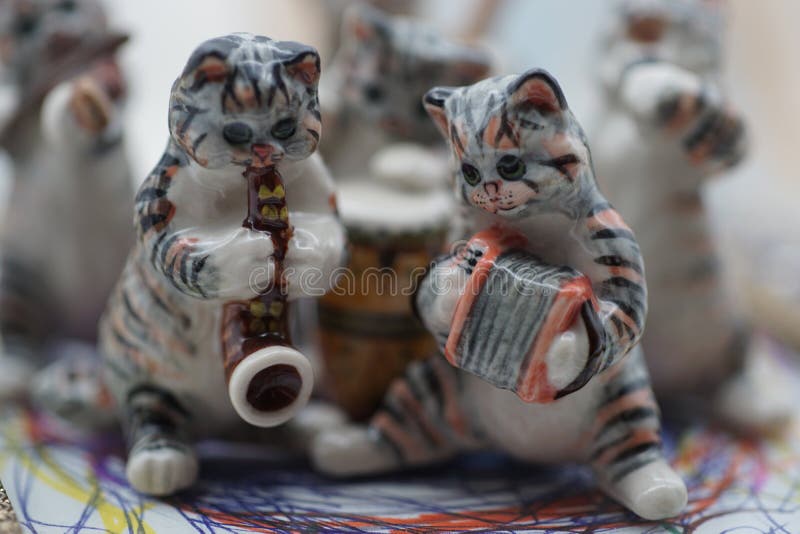 Decorative Ceramic Cat Figurines Playing Different Instruments Stock ...