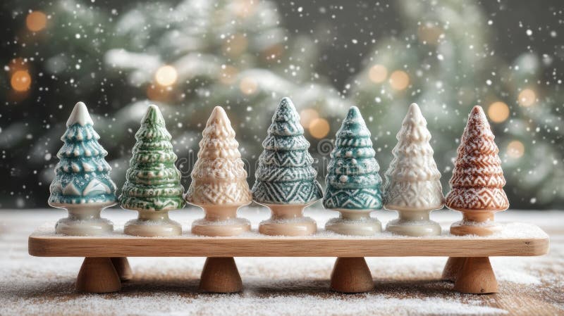 Decorative Ceramic Christmas Trees Arranged on a Wooden Base Stock ...