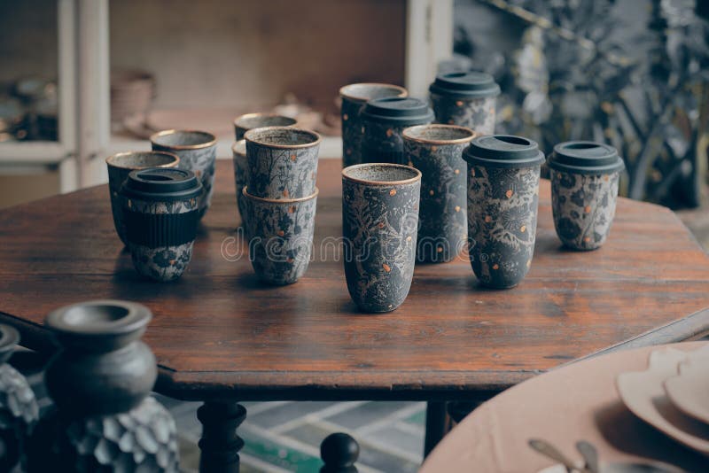 Decorative Ceramic Cups in the Interior Home. Showcase of Handmade ...