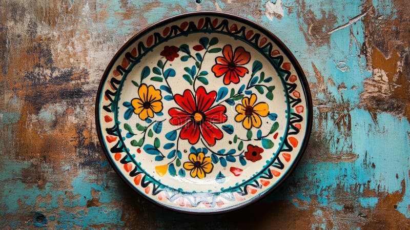 Decorative Ceramic Plate with Floral Design on Rustic Background Stock ...