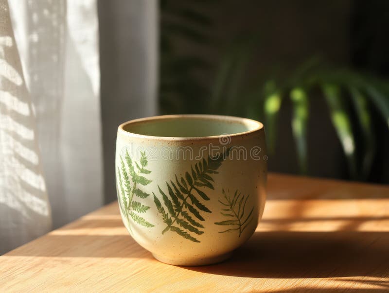 A Decorative Ceramic Pot Featuring Fern Designs, Placed on a Wooden ...