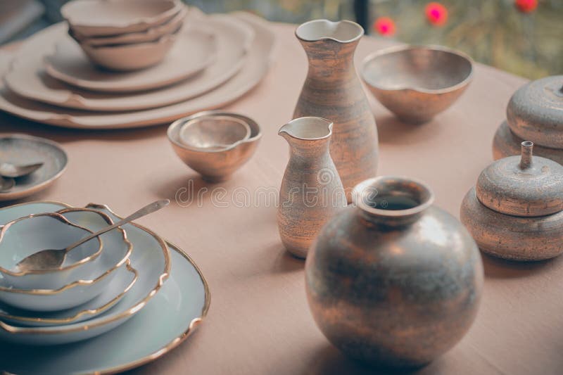 Decorative Ceramic Set in the Interior Home. Showcase of Handmade ...