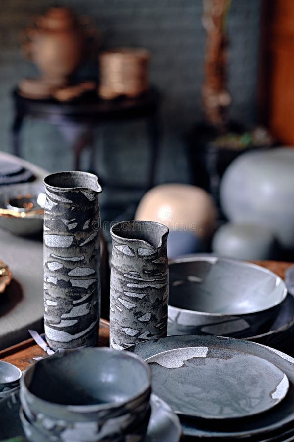 Decorative Ceramic Set in the Interior Home. Showcase of Handmade ...