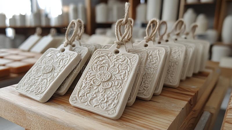 Decorative Ceramic Tags in Various Designs and Colors Displayed on a ...