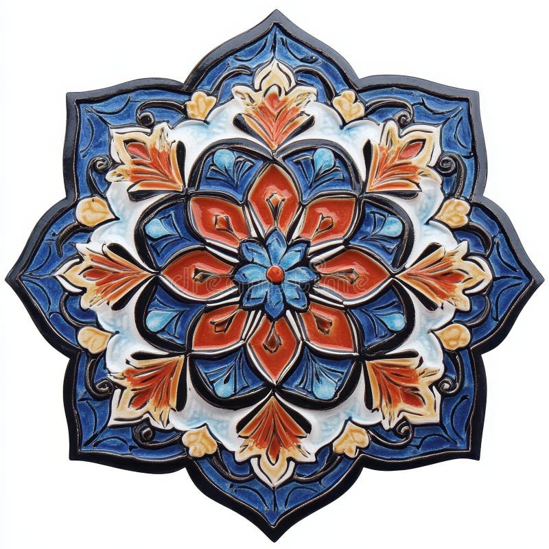 A Decorative Ceramic Tile Featuring a Vibrant Floral Mandala Design in ...