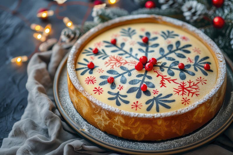 Decorative Cheesecake with Festive Designs and Berries on a Winter ...