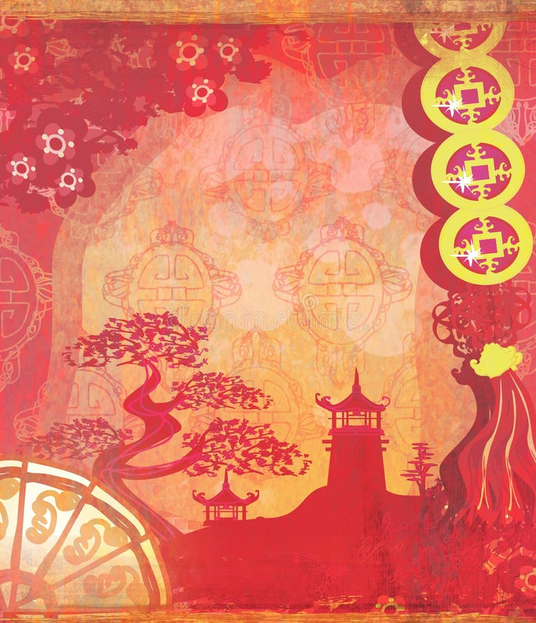 Decorative Chinese Landscape Card with Buildings, Flag and Gate Stock ...