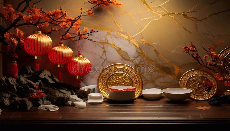 Decorative Chinese Table Setting with Lanterns and Traditional Dishware ...