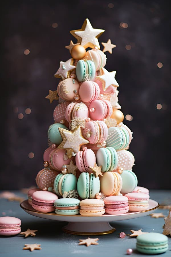 Decorative Christmas Tree with Sweet Macaroons on Blue Background ...