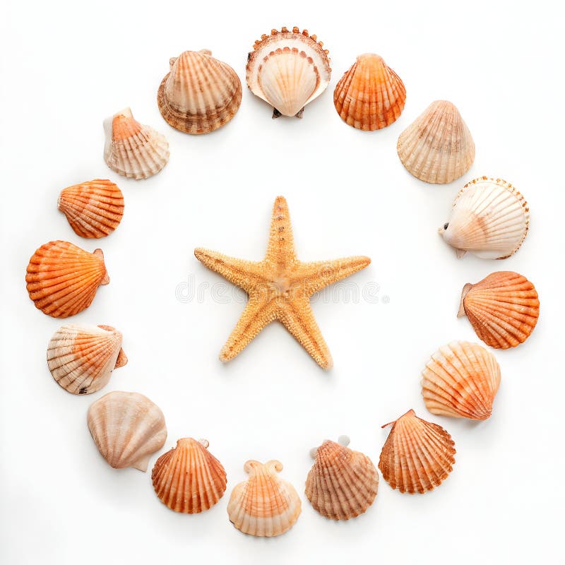 Circle of Shells with Starfish Isolated on White Stock Illustration ...