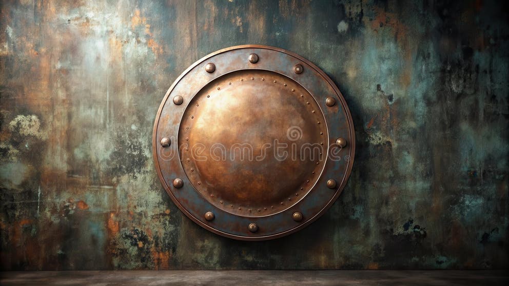 A Decorative Circular Bronze Metal Shield with Rivets on a Rustic ...