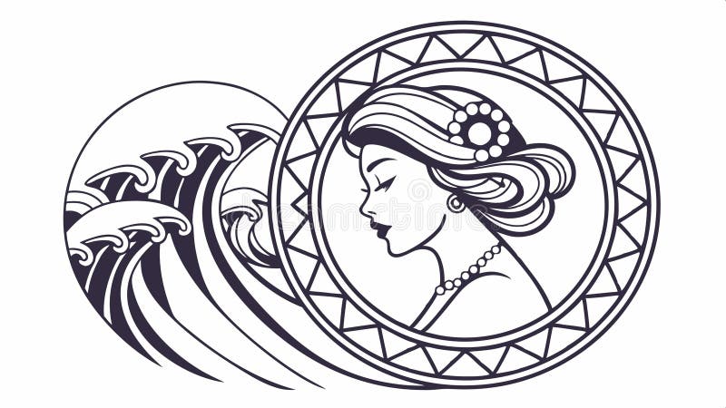 Decorative Circular Frame with Profile of a Woman and Wave Motif Vector ...