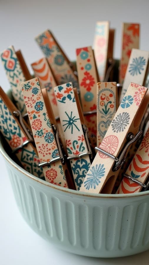 Decorative Clothes Pegs with Colorful Patterns in Ceramic Bowl Stock ...