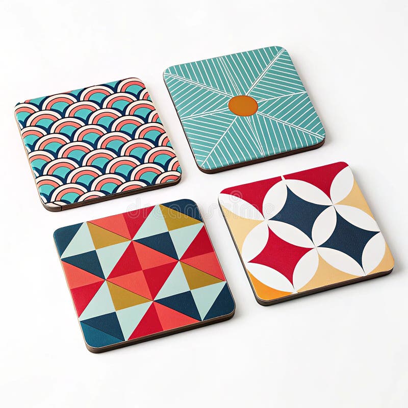 Decorative Coaster Set with Modern Designs on White Background Stock ...