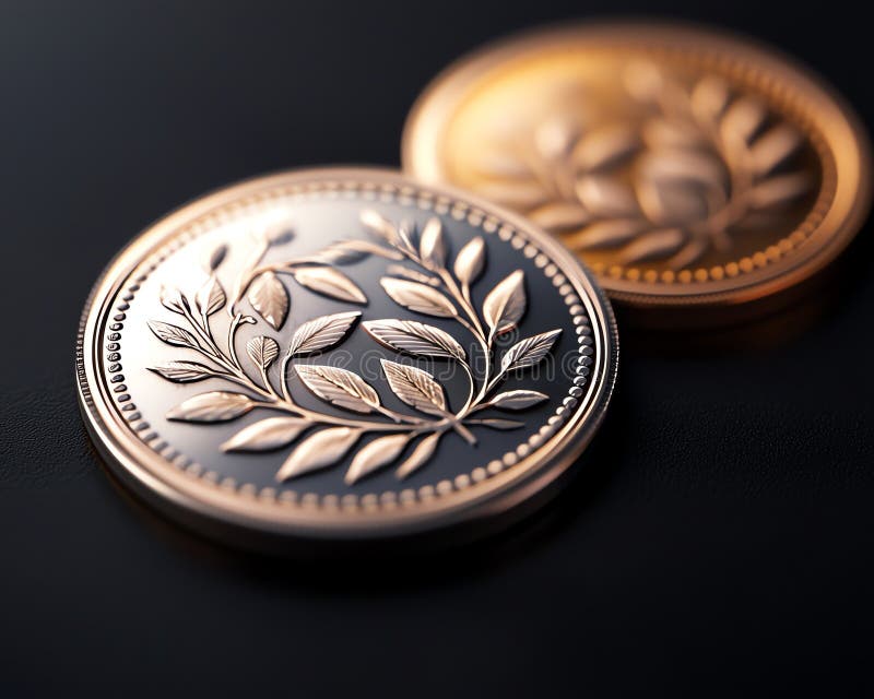 Decorative Coins with Leafy Designs on a Dark Surface Stock ...