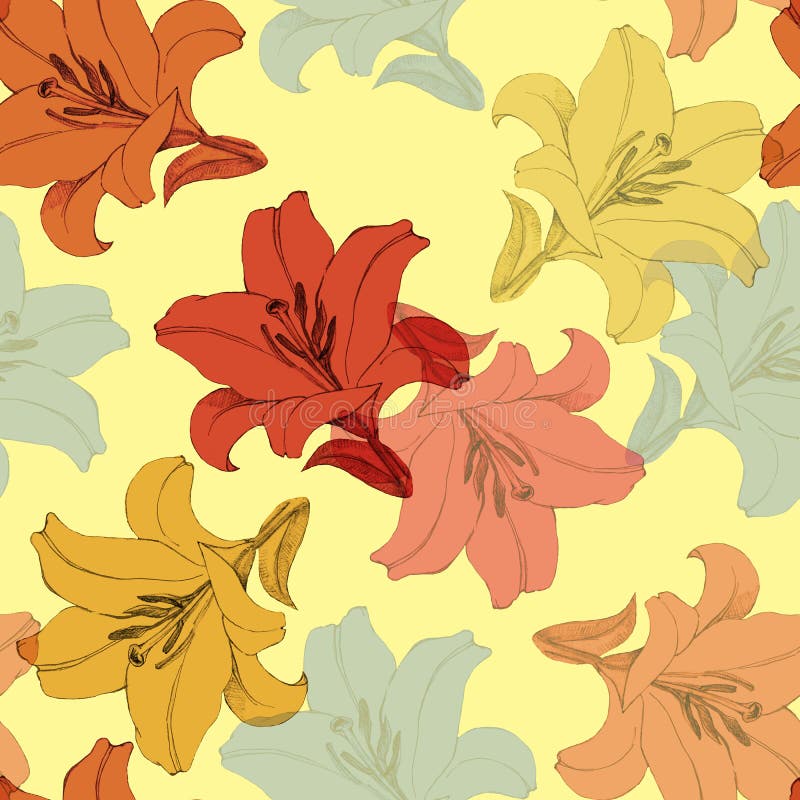 Decorative Colorful Flowers Lily. Version D. Floral Seamless Pattern ...