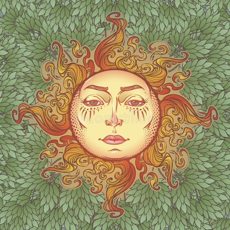 Decorative Composition with Stylized Human Faced Sun. Stock Vector ...