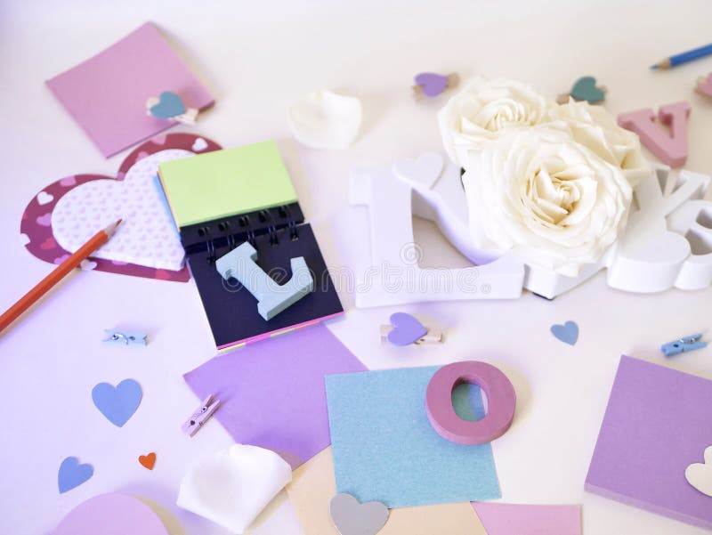 Decorative Composition of Volumetric Letters, Decor, Roses, Notebook ...