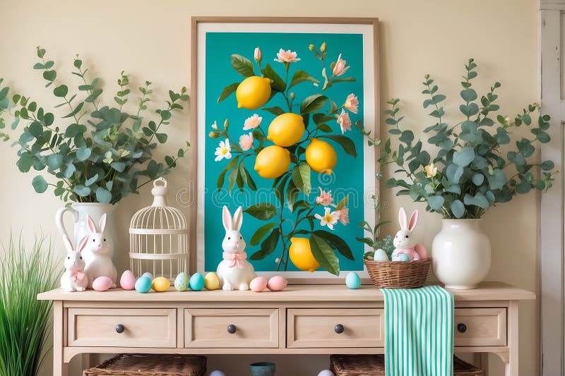 Cheerful Easter Console Table Decor with Bunnies and Lemon Artwork ...